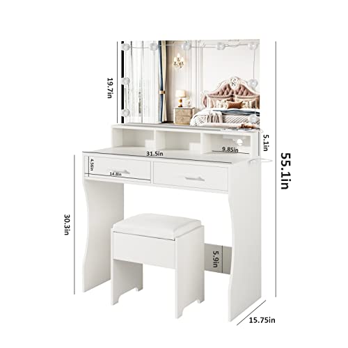 Makeup Vanity White, Clearance Desk with Lighted Mirror & Power Outlet, 3 Lighting Colors, Brightness Adjustable, 31.5in(W)