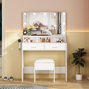 Makeup Vanity White, Clearance Desk with Lighted Mirror & Power Outlet, 3 Lighting Colors, Brightness Adjustable, 31.5in(W)