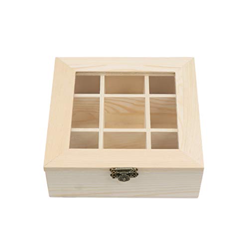 Gatuida Tea Box for Tea Bags Organizer, Wooden Tea Storage Organizer with Clear Top Window, 9 Compartments Eco-Friendly Tea Bag Holder, Multi-Functional Storage Box