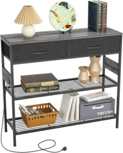 cotublr console table with drawers and outlets, entryway table with storage shelves, 39 inch narrow sofa table for living room, entry table for entryway, hallway, living room furniture, grey oak