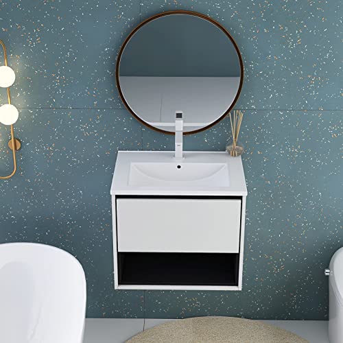 24 inches Wall Mounted Bathroom Vanity, Floating Bathroom Vanity Cabinet with Drawer Vanity Sink Combo with Open Shelf Wood Hanging Bath Cabinet, Easy Assembly, White