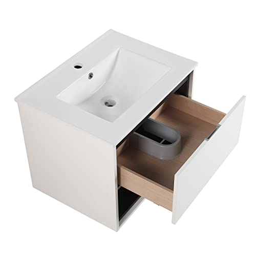 24 inches Wall Mounted Bathroom Vanity, Floating Bathroom Vanity Cabinet with Drawer Vanity Sink Combo with Open Shelf Wood Hanging Bath Cabinet, Easy Assembly, White