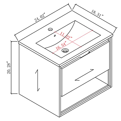 24 inches Wall Mounted Bathroom Vanity, Floating Bathroom Vanity Cabinet with Drawer Vanity Sink Combo with Open Shelf Wood Hanging Bath Cabinet, Easy Assembly, White