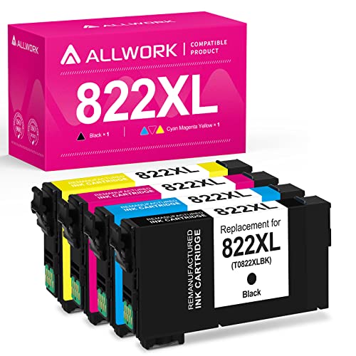 ALLWORK New Version Remanufactured 822XL Ink Cartridges Replacement for Epson T822XL 822 T822 Ink for Workforce Pro WF-3820 WF-4820 WF-4830 WF-4833 WF-4834, Black Cyan Magenta Yellow 4-Pack