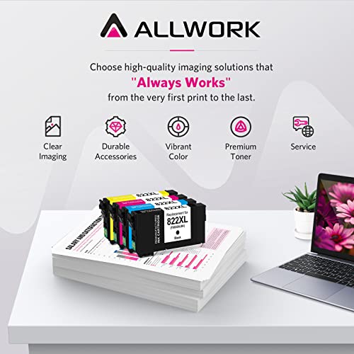 ALLWORK New Version Remanufactured 822XL Ink Cartridges Replacement for Epson T822XL 822 T822 Ink for Workforce Pro WF-3820 WF-4820 WF-4830 WF-4833 WF-4834, Black Cyan Magenta Yellow 4-Pack