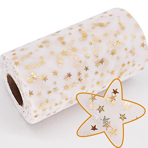 Glitter Tulle Fabric Rolls, Gold Foil Star Tulle Spool 6 Inch 50 Yards (150ft) Sparkle Sequin Netting Ribbon for Tutu Skirt Baby Shower Birthday Party DIY Bow Crafts (White Tulle, Gold Stars)