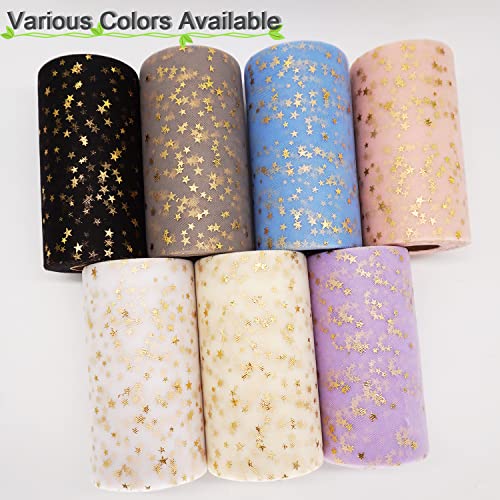 Glitter Tulle Fabric Rolls, Gold Foil Star Tulle Spool 6 Inch 50 Yards (150ft) Sparkle Sequin Netting Ribbon for Tutu Skirt Baby Shower Birthday Party DIY Bow Crafts (White Tulle, Gold Stars)