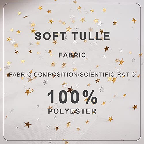 Glitter Tulle Fabric Rolls, Gold Foil Star Tulle Spool 6 Inch 50 Yards (150ft) Sparkle Sequin Netting Ribbon for Tutu Skirt Baby Shower Birthday Party DIY Bow Crafts (White Tulle, Gold Stars)