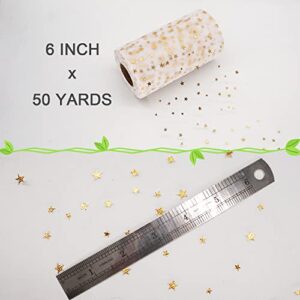 Glitter Tulle Fabric Rolls, Gold Foil Star Tulle Spool 6 Inch 50 Yards (150ft) Sparkle Sequin Netting Ribbon for Tutu Skirt Baby Shower Birthday Party DIY Bow Crafts (White Tulle, Gold Stars)