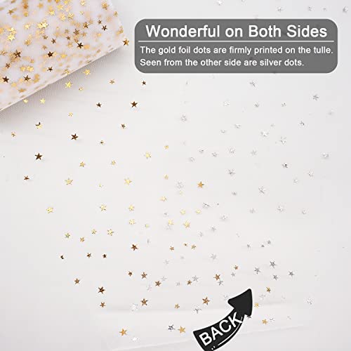 Glitter Tulle Fabric Rolls, Gold Foil Star Tulle Spool 6 Inch 50 Yards (150ft) Sparkle Sequin Netting Ribbon for Tutu Skirt Baby Shower Birthday Party DIY Bow Crafts (White Tulle, Gold Stars)