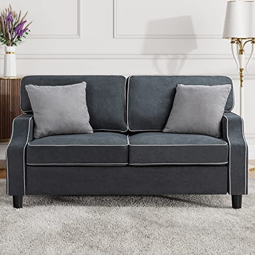 Shintenchi 56”Small Modern Fabric Sofa Couch,Mid Century Linen Upholstered Fabric 2-Seat Sofa Loveseat Furniture with Pillow for Small Living Room, Apartment, Small Space, Dark Gray