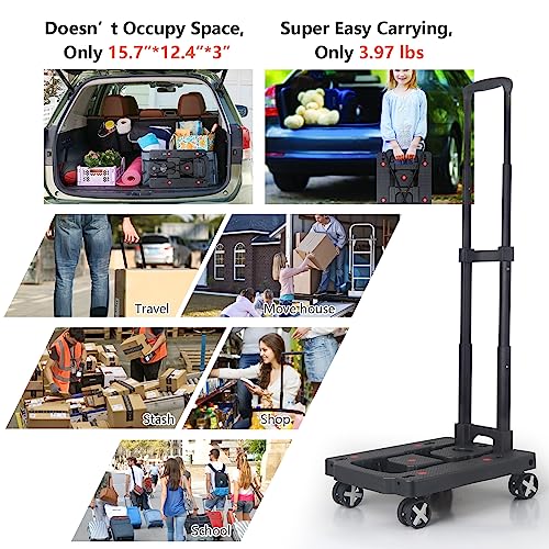 LIDTOP Folding Hand Truck Dolly, Foldable Dolly Cart for Moving, Lightweight Portable Luggage Cart with Rotate Wheels, Utility Cart Adjustable Handle, Collapsible for Travel Shopping Airport Office