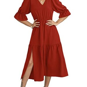 OFEEFAN Midi Dresses for Women Summer Casual Smocked Dress Flowy V Neck Dress Long Burgundy M