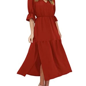 OFEEFAN Midi Dresses for Women Summer Casual Smocked Dress Flowy V Neck Dress Long Burgundy M