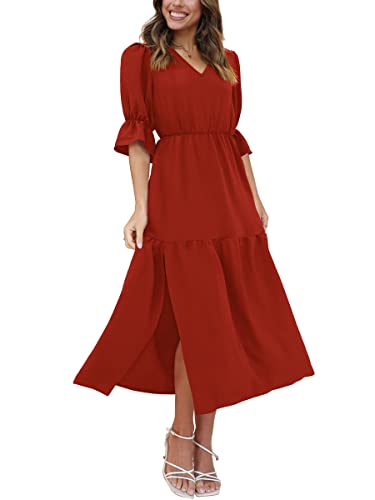 OFEEFAN Midi Dresses for Women Summer Casual Smocked Dress Flowy V Neck Dress Long Burgundy M