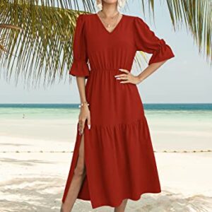 OFEEFAN Midi Dresses for Women Summer Casual Smocked Dress Flowy V Neck Dress Long Burgundy M