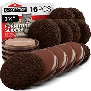 furniture sliders x-protector - 8+8 pack 3 1/2” - brown multi-surface furniture sliders for carpet & hard floors - 8 furniture movers for carpeted floors and 8 hardwood socks - move furniture easily!