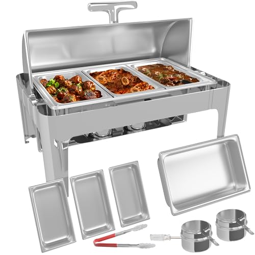 NCOEN Roll Top Chafing Dish Buffet-Set, 9QT Stainless Steel Chafing Server Set for Catering Commercial Chafers Buffet Warmer for Parties, Wedding, Banquet, Events Halloween (3 Pans)