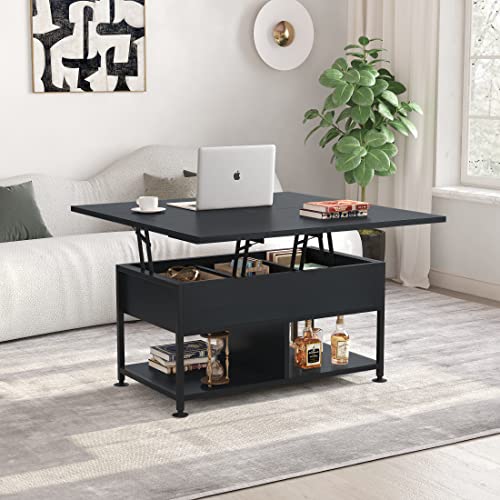 cosimates Lift Top Coffee Table ，4 in 1 Multi-Function Coffee Table with Hidden Compartment ，Modern Lift Tabletop Dining Table for Living Room Reception/Home Office, Black