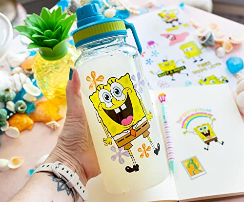 Silver Buffalo SpongeBob SquarePants Happy Laugh Flowers 32-Ounce Twist Spout Water Bottle And Sticker Set | BPA-Free Plastic Sports Jug