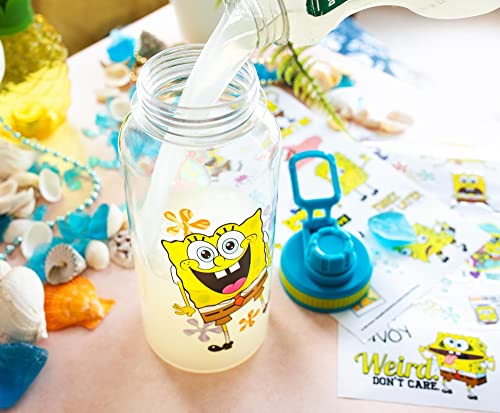 Silver Buffalo SpongeBob SquarePants Happy Laugh Flowers 32-Ounce Twist Spout Water Bottle And Sticker Set | BPA-Free Plastic Sports Jug