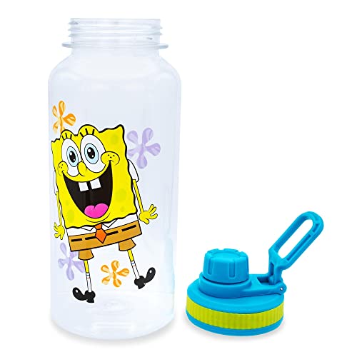 Silver Buffalo SpongeBob SquarePants Happy Laugh Flowers 32-Ounce Twist Spout Water Bottle And Sticker Set | BPA-Free Plastic Sports Jug