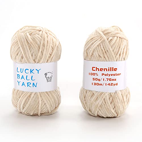 2PCS Soft Chenille Yarn Blanket Yarn,Velvet Yarn for Knitting,Fancy Yarn for Crochet,Crochet Yarn for Sweater/Hat/Blankets/DIY Craft(Beige)