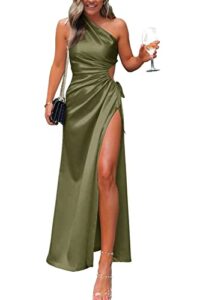 prettygarden women's 2023 summer one shoulder satin dress cutout high split cocktail wedding guest maxi dresses (dark army green,medium)