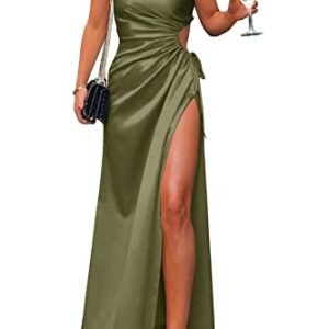 PRETTYGARDEN Women's 2023 Summer One Shoulder Satin Dress Cutout High Split Cocktail Wedding Guest Maxi Dresses (Dark Army Green,Medium)