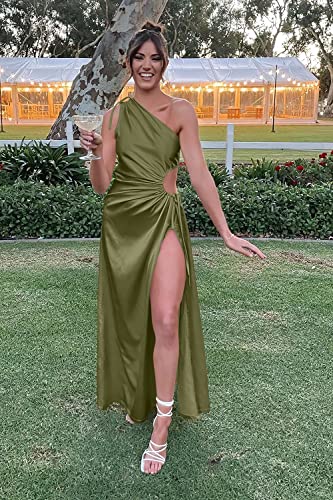 PRETTYGARDEN Women's 2023 Summer One Shoulder Satin Dress Cutout High Split Cocktail Wedding Guest Maxi Dresses (Dark Army Green,Medium)