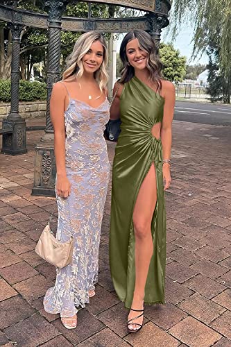 PRETTYGARDEN Women's 2023 Summer One Shoulder Satin Dress Cutout High Split Cocktail Wedding Guest Maxi Dresses (Dark Army Green,Medium)