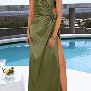 PRETTYGARDEN Women's 2023 Summer One Shoulder Satin Dress Cutout High Split Cocktail Wedding Guest Maxi Dresses (Dark Army Green,Medium)