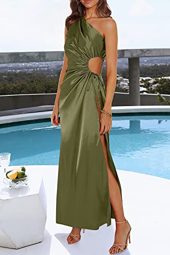 PRETTYGARDEN Women's 2023 Summer One Shoulder Satin Dress Cutout High Split Cocktail Wedding Guest Maxi Dresses (Dark Army Green,Medium)