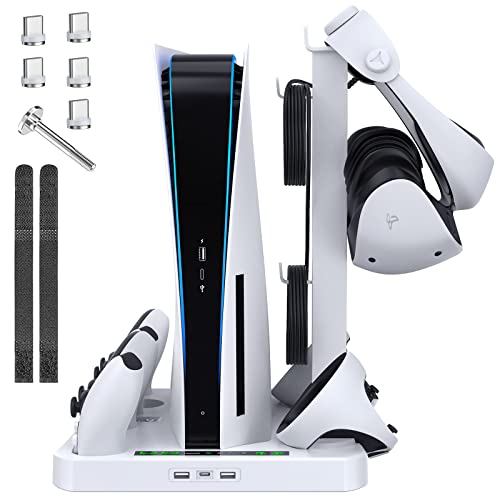 Hastraith Stand for PSVR 2 & PS5 Console, [5 in 1] Stand with Cooling Fan, Dual Controller Magnetic Charging Port for PSVR 2 & PS5, Charging Indicator Light, Storage Stand Perfect for PSVR 2 & PS5