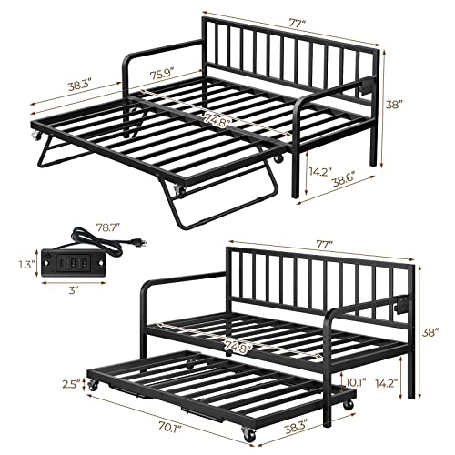 Rolanstar Daybed with Charging Station and LED Lights, Height Adjustable Twin Daybed with Trundle, Metal Sofa Bed Frame with Steel Slat Support for Living Room, Bedroom and Guest Room, Black