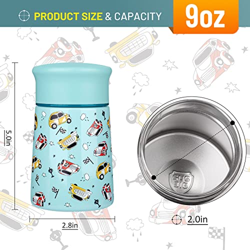 Charcy 9 Ounce Kids Thermos for Hot Food - Insulated Food Jar for Hot & Cold Food - Flat Lid Green Car