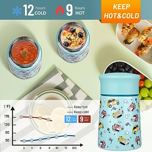 Charcy 9 Ounce Kids Thermos for Hot Food - Insulated Food Jar for Hot & Cold Food - Flat Lid Green Car