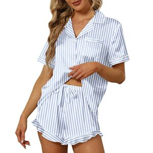 sapjon satin silk pajamas for women 2pcs ruffle notch collar sleepwear button down short sleeve shorts pjs set loungewear