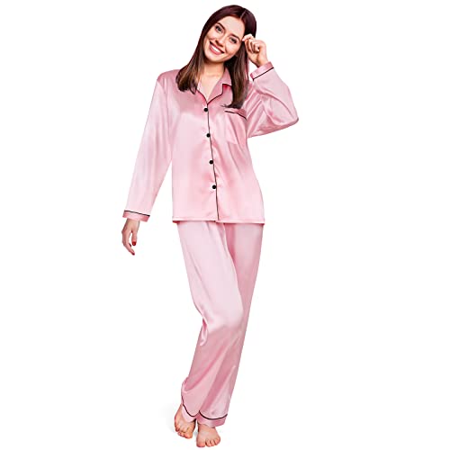 Unittype Women Silk Pajama Set Long Sleeve Silk Sleepwear Satin 2 Pcs Classic Button Down Pajamas for Bride Wedding Party (Pink, M-L)