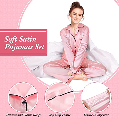 Unittype Women Silk Pajama Set Long Sleeve Silk Sleepwear Satin 2 Pcs Classic Button Down Pajamas for Bride Wedding Party (Pink, M-L)