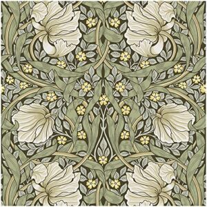 haokhome 94028-1 vintage floral wallpaper peel and stick botanical sage green/yellow wall murals home kitchen bedroom decor by william morris 17.7in x 9.8ft