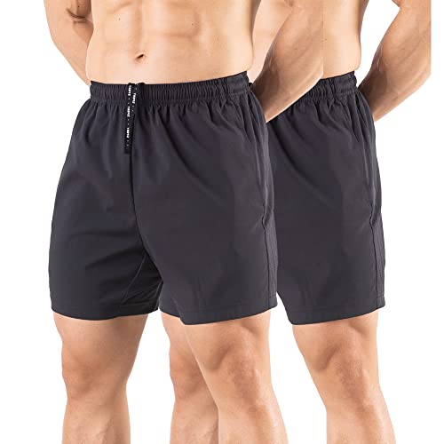 Gaglg Men's 5" Running Shorts 2 Pack Quick Dry Athletic Workout Gym Shorts with Zipper Pockets Black/Black,Large