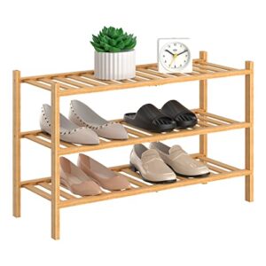 rongjia 3-tier natural bamboo shoe rack - stackable storage shelf with multi-function combinations - free standing shoe racks for convenient shoe organization（natural） 11" d x 27" w x 20" h