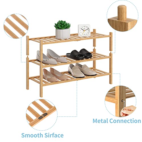 RONGJIA 3-Tier Natural Bamboo Shoe Rack - Stackable Storage Shelf with Multi-Function Combinations - Free Standing Shoe Racks for Convenient Shoe Organization（Natural） 11" D x 27" W x 20" H