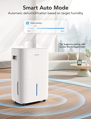 Govee Life Smart Dehumidifier for Basement 4,500 Sq.Ft, 50 to 109 Pint Auto Humidity Control Dehumidifier, Drain Hose, 2.0Gal Bucket, Energy Star Most Efficient 2023, WiFi Dehumidifiers for Large Room