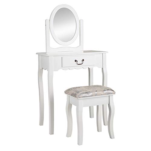 Vanity Set with 360° Rotating Mirror and Large Drawer, Modern Bedroom Makeup Dressing Table and Chair, for Girls Women, White