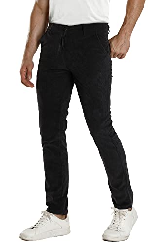 GINGTTO Black Corduroy Pants Men Slim Fit,Flat-Front Casual Pants Business Men Size 36