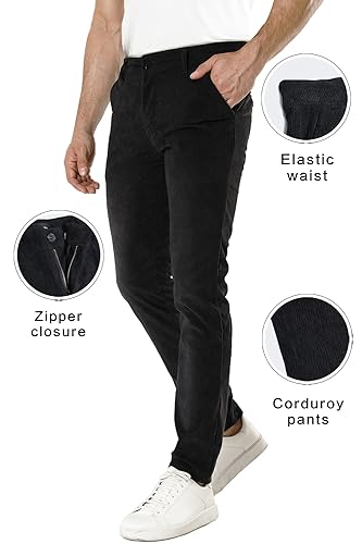 GINGTTO Black Corduroy Pants Men Slim Fit,Flat-Front Casual Pants Business Men Size 36