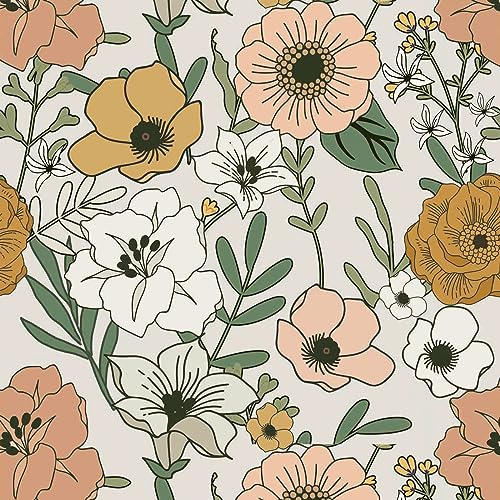 Abyssaly Vintage Floral Peel and Stick Wallpaper Boho 17.7 inx118 in Removable White/Sand/Oliva Vinyl Self Adhesive Wallpaper Flower Wall Paper for Bedroom