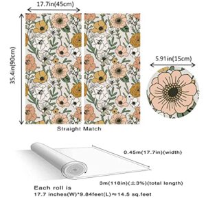 Abyssaly Vintage Floral Peel and Stick Wallpaper Boho 17.7 inx118 in Removable White/Sand/Oliva Vinyl Self Adhesive Wallpaper Flower Wall Paper for Bedroom